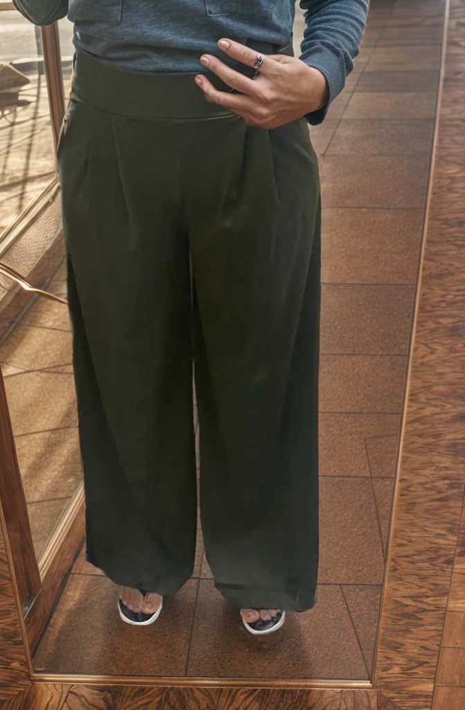 LROSEY Women's Stretchy Solid Color High Waisted Wide Leg Palazzo Pants with Pockets Green