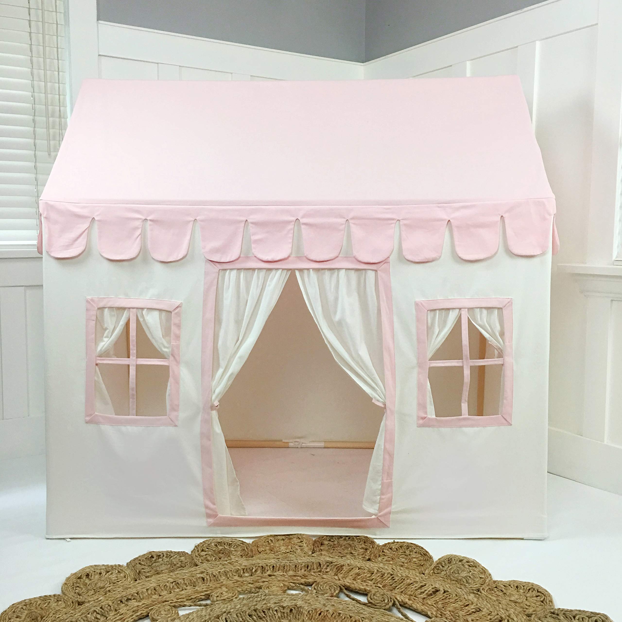 Kids Pink and White Playhouse | Indoor Play Tent | Cotton Canvas | Premium Quality (57" Wide x 36" deep x 57" Tall) (Pink) | by Domestic Objects
