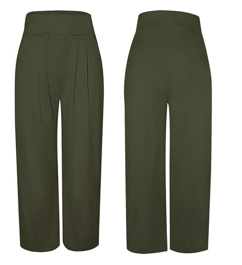 LROSEY Women's Stretchy Solid Color High Waisted Wide Leg Palazzo Pants with Pockets Green