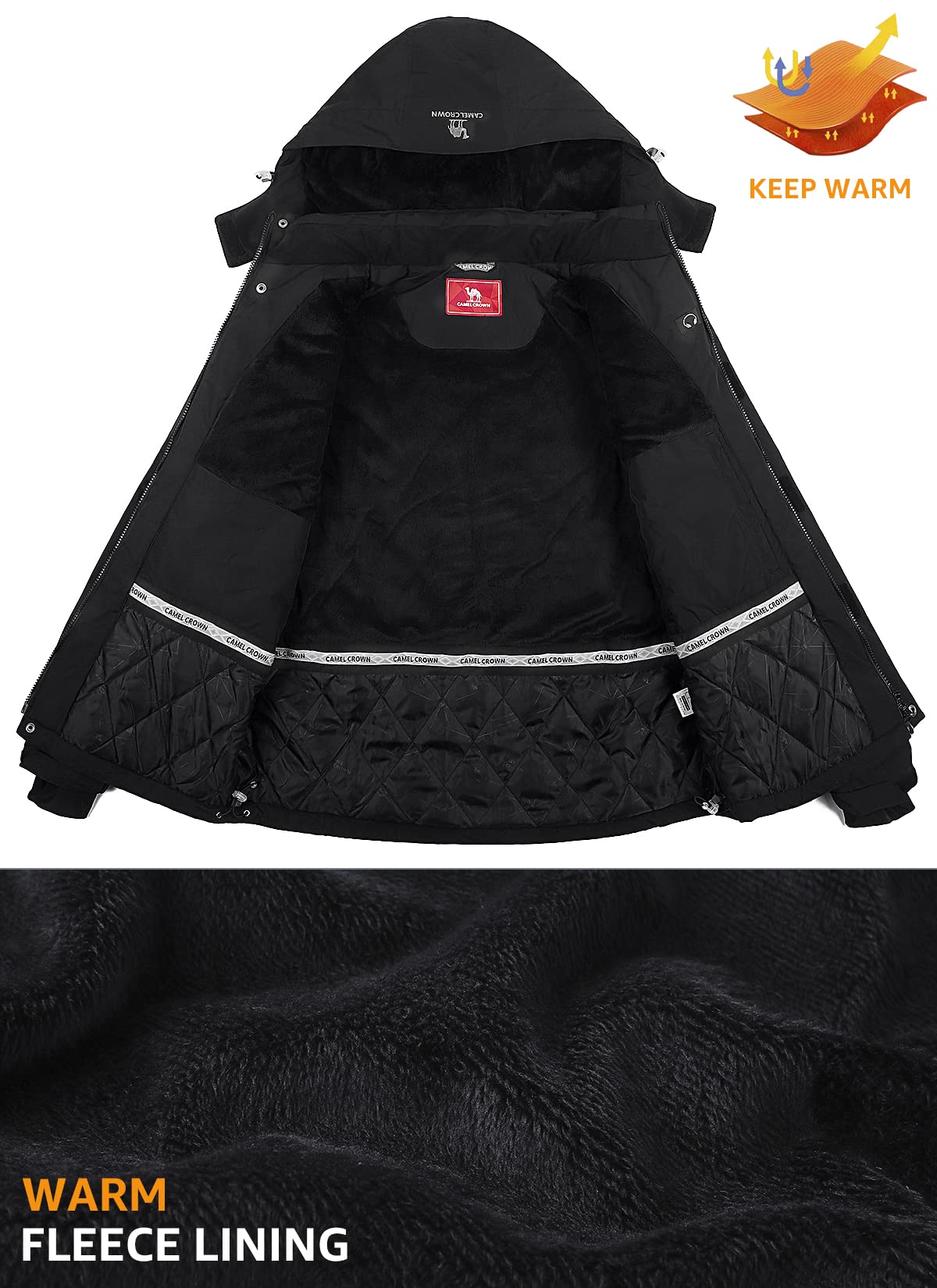 CAMEL CROWN Men's Winter Ski Jackets Warmth Coat Waterproof Detachable Hood Windproof Fleece Lined for Mountain Snow