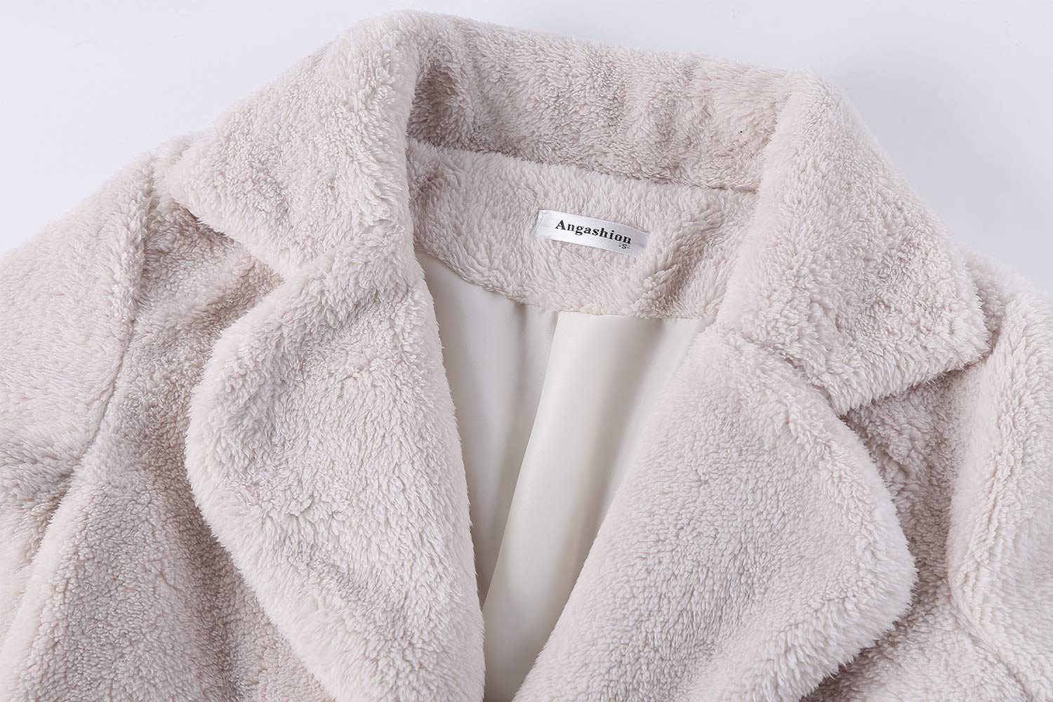 Angashion Women's Fuzzy Fleece Lapel Open Front Long Cardigan Coat Faux Fur Warm Winter Outwear Jackets Light Beige M