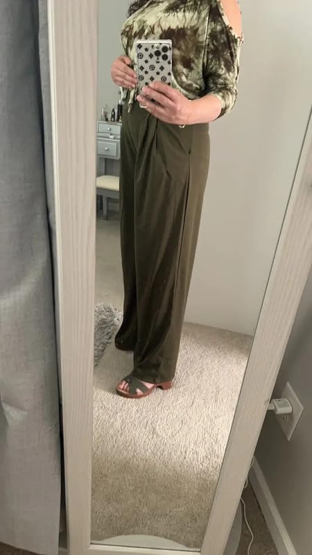 LROSEY Women's Stretchy Solid Color High Waisted Wide Leg Palazzo Pants with Pockets Green