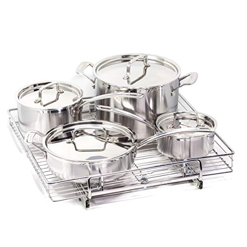 Origami Chrome One Tier 13" W x 21" D x 4”H, Slide Kitchen Adjustable Cabinet Organizer, Large, Silver