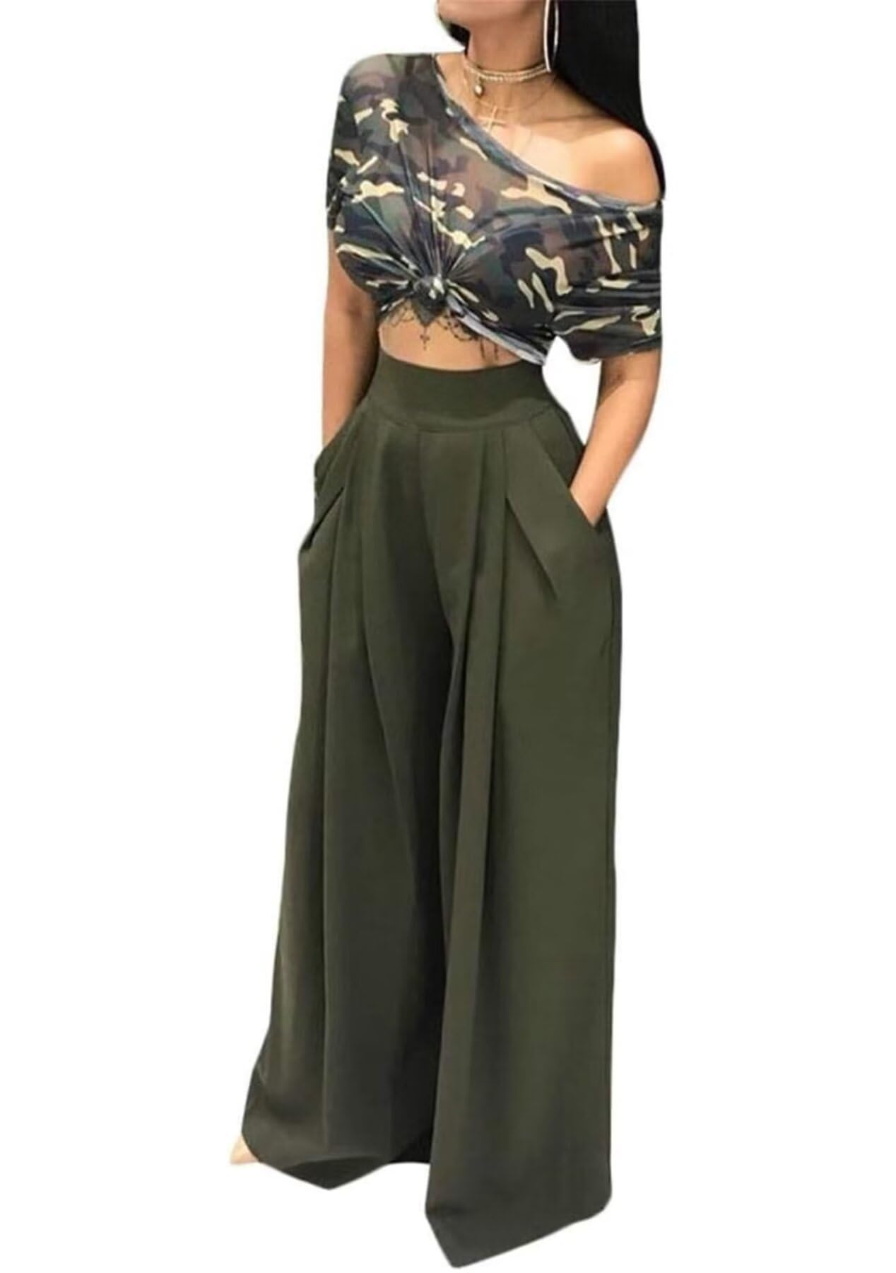 LROSEY Women's Stretchy Solid Color High Waisted Wide Leg Palazzo Pants with Pockets Green