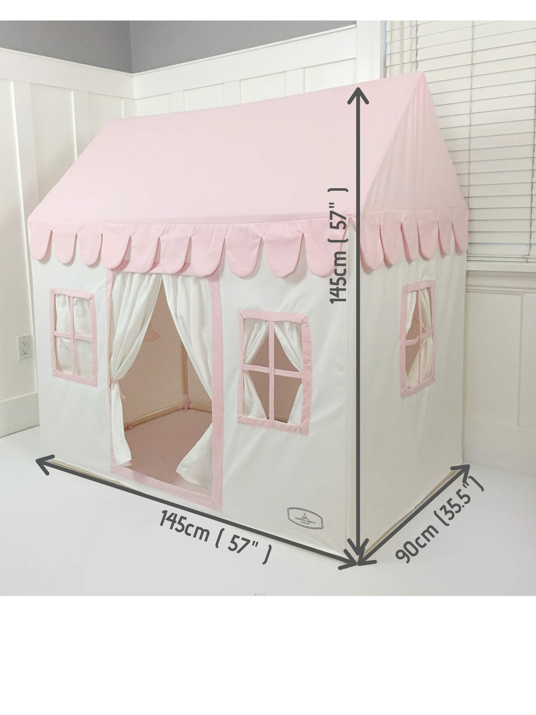Kids Pink and White Playhouse | Indoor Play Tent | Cotton Canvas | Premium Quality (57" Wide x 36" deep x 57" Tall) (Pink) | by Domestic Objects