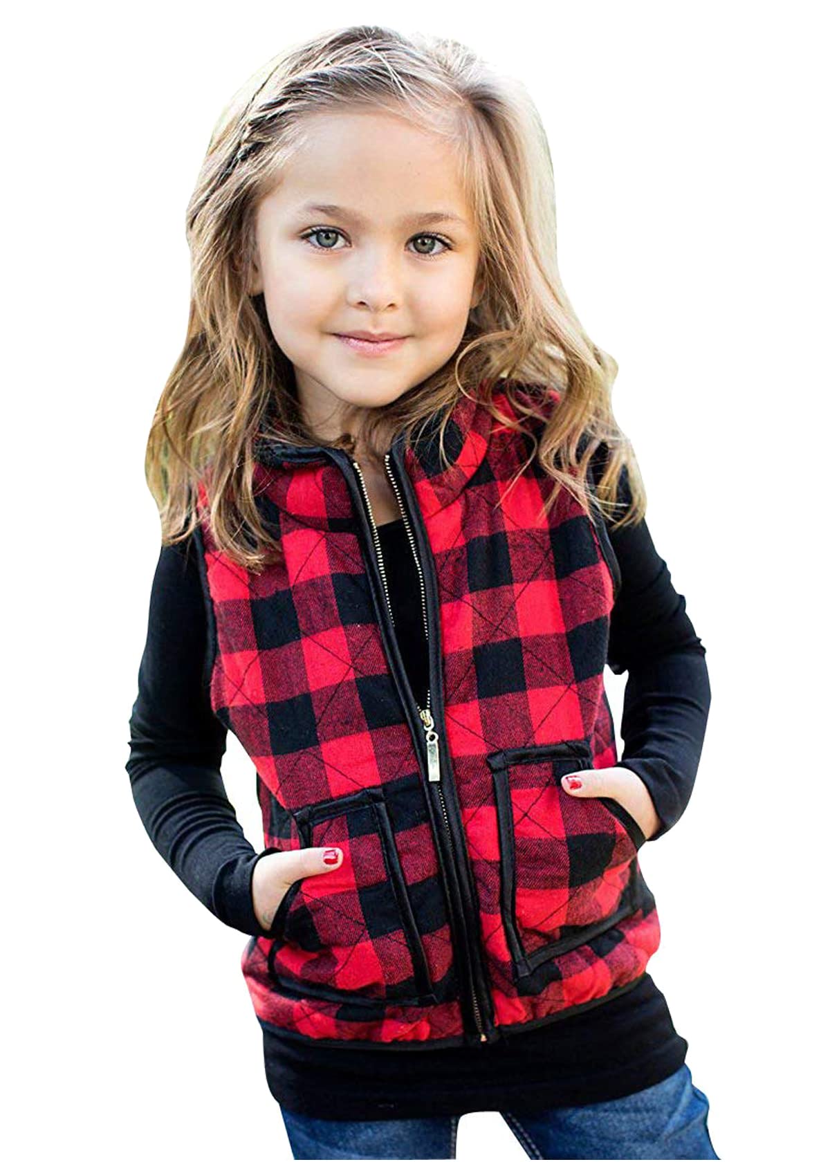 MAMAMI Kid Little Girls Puffer Lightweight Plaid Quilted Vest Cute Winter Outwear Padded Outfit(7-8 Years, Red&Black)