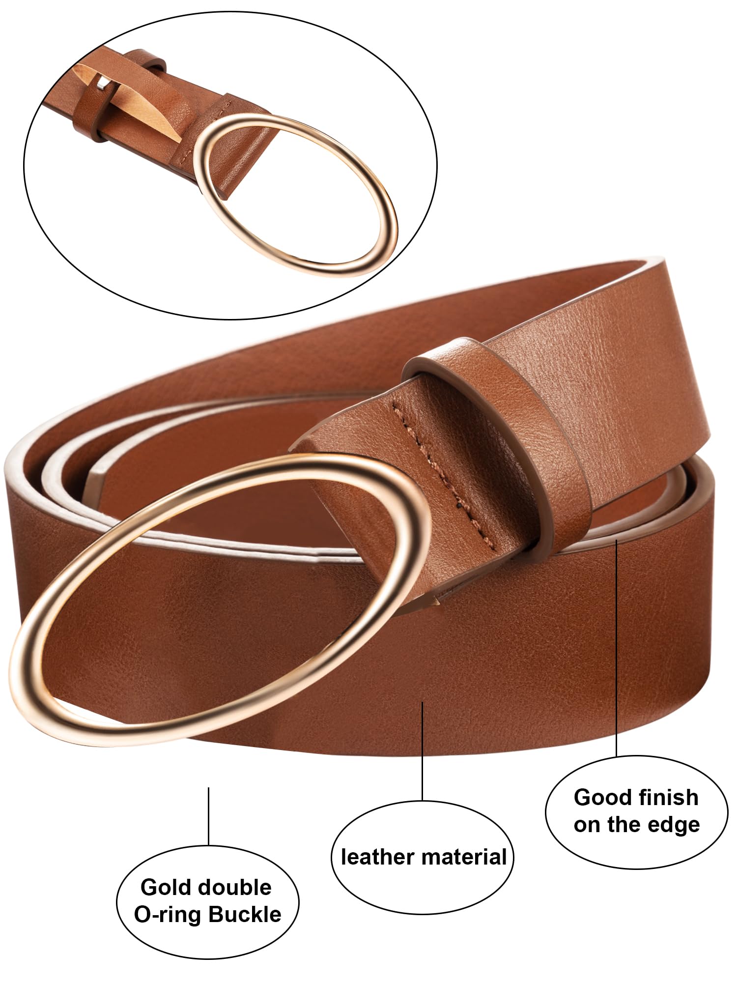 Syhood 2 Pack Women's Leather Belts for Jeans Dresses Fashion Ladies Belt with Gold Double Ring Buckle Brown Black
