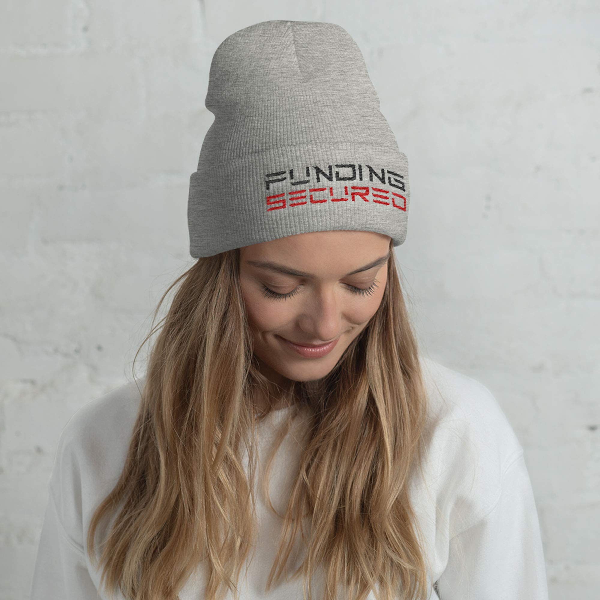 Yelo Pomelo Funding Secured Beanie with Tesla Font, Funny Elon Musk Twitter Meme, A Snug and Smug Gift (Heather Grey)