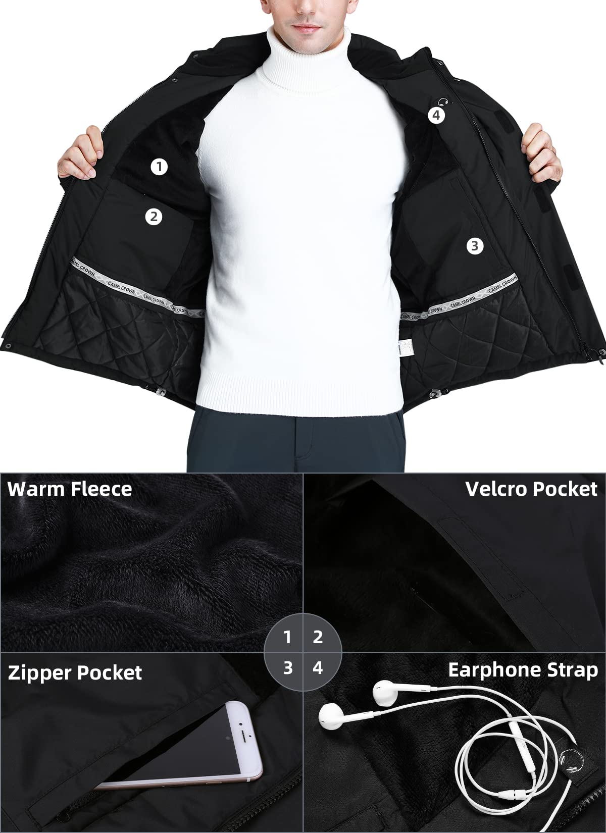 CAMEL CROWN Men's Winter Ski Jackets Warmth Coat Waterproof Detachable Hood Windproof Fleece Lined for Mountain Snow