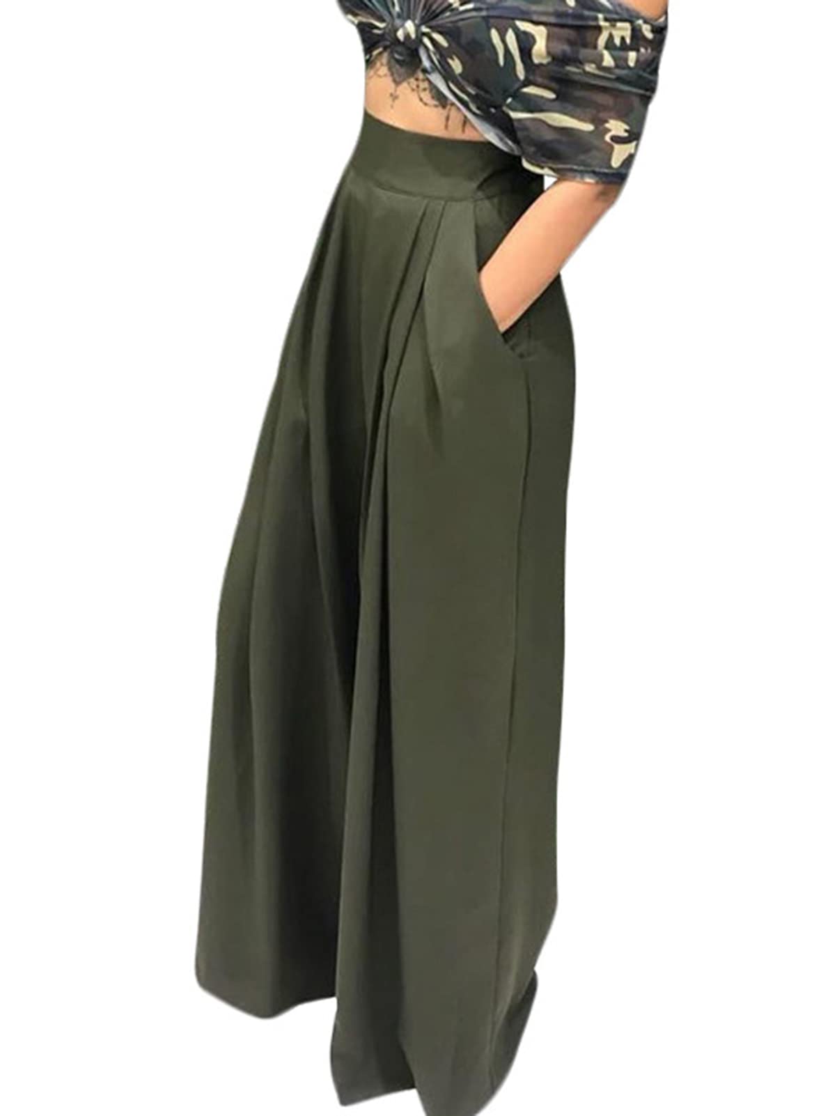 Famnbro High Waisted Pants for Women Maxi Length Loose Wide Leg Trousers Palazzo Pants Green