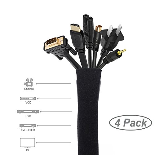 [4 Pack] JOTO Cable Management Sleeve, 19-20 Inch Cord Organizer System with Zipper for TV Computer Office Home Entertainment, Flexible Cable Sleeve Wrap Cover Wire Hider System -Black