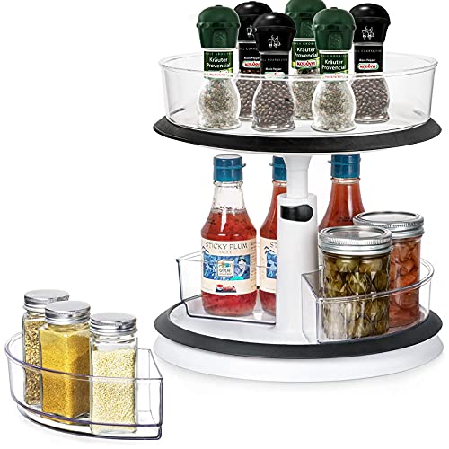 Yesland 2-Tier Lazy Susan Turntable with Large Bin and 3 Dividers, 11.25'' Height Adjustable Cabinet and Spice Rack Organizer with Removable Clear Storage Bins for Kitchen Pantry Snack Fruit Makeup