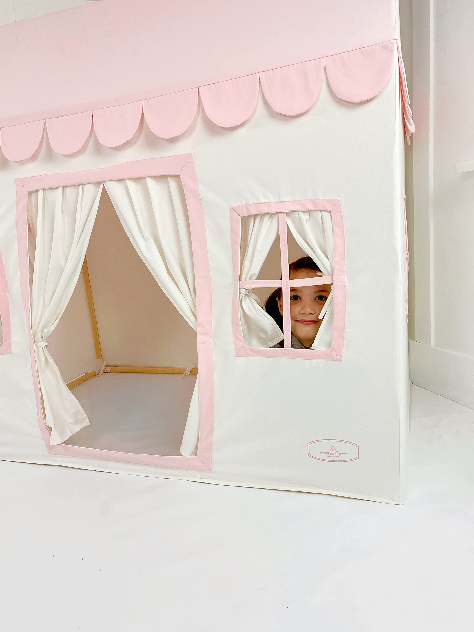 Kids Pink and White Playhouse | Indoor Play Tent | Cotton Canvas | Premium Quality (57" Wide x 36" deep x 57" Tall) (Pink) | by Domestic Objects