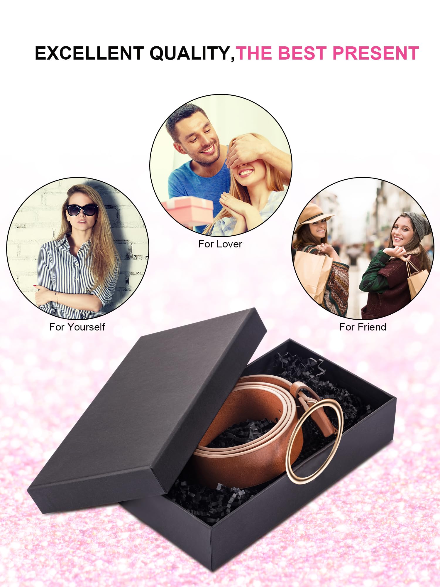 Syhood 2 Pack Women's Leather Belts for Jeans Dresses Fashion Ladies Belt with Gold Double Ring Buckle Brown Black