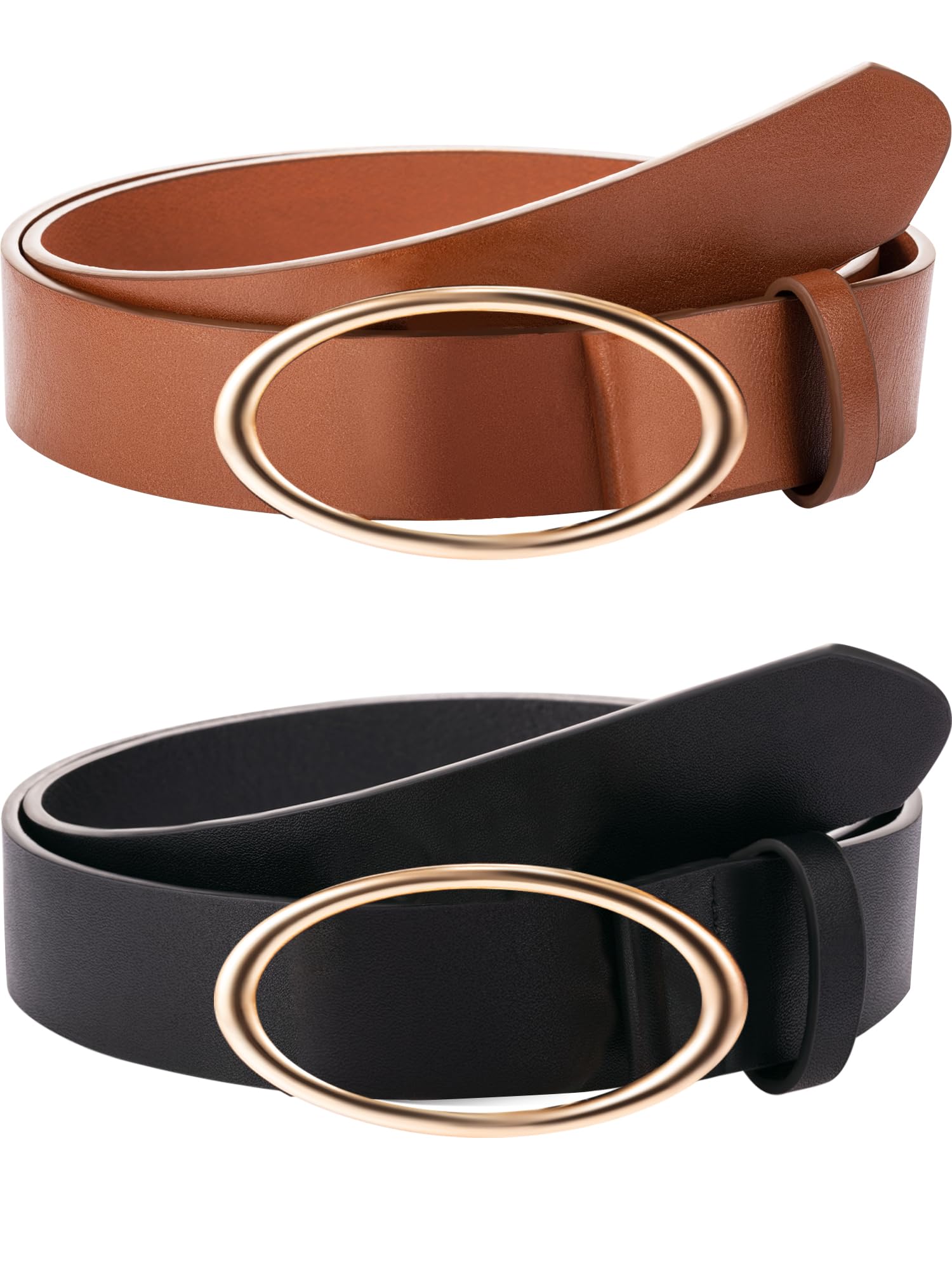 Syhood 2 Pack Women's Leather Belts for Jeans Dresses Fashion Ladies Belt with Gold Double Ring Buckle Brown Black
