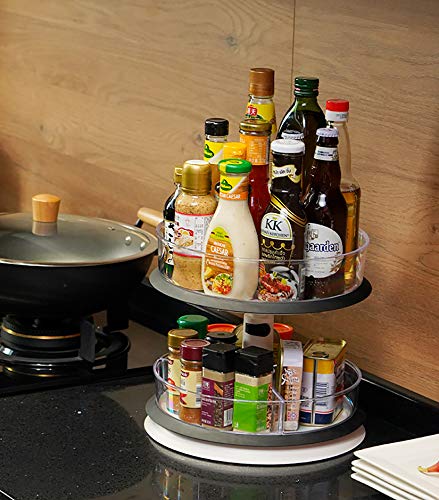 Yesland 2-Tier Lazy Susan Turntable with Large Bin and 3 Dividers, 11.25'' Height Adjustable Cabinet and Spice Rack Organizer with Removable Clear Storage Bins for Kitchen Pantry Snack Fruit Makeup