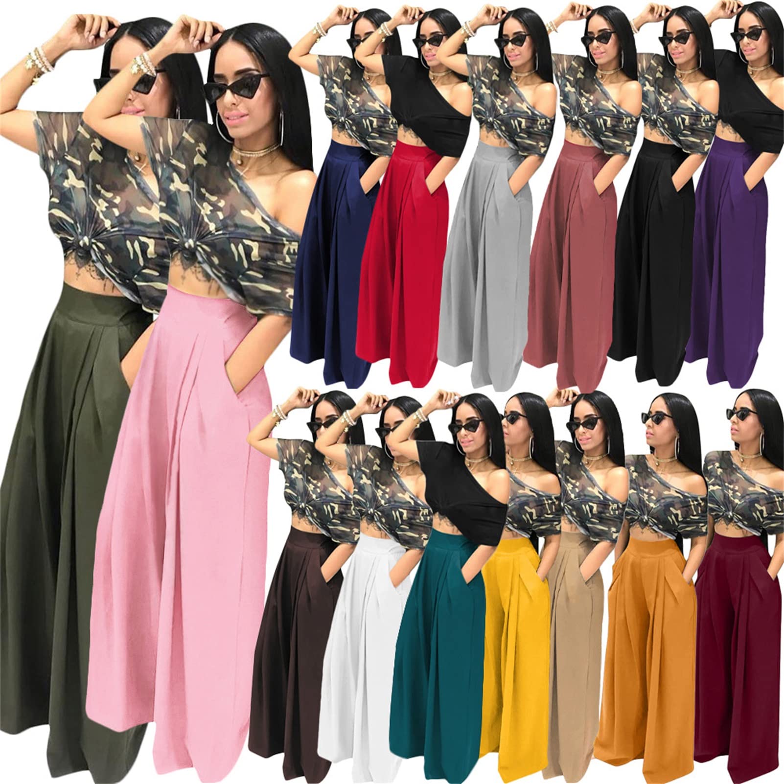 Famnbro High Waisted Pants for Women Maxi Length Loose Wide Leg Trousers Palazzo Pants Green