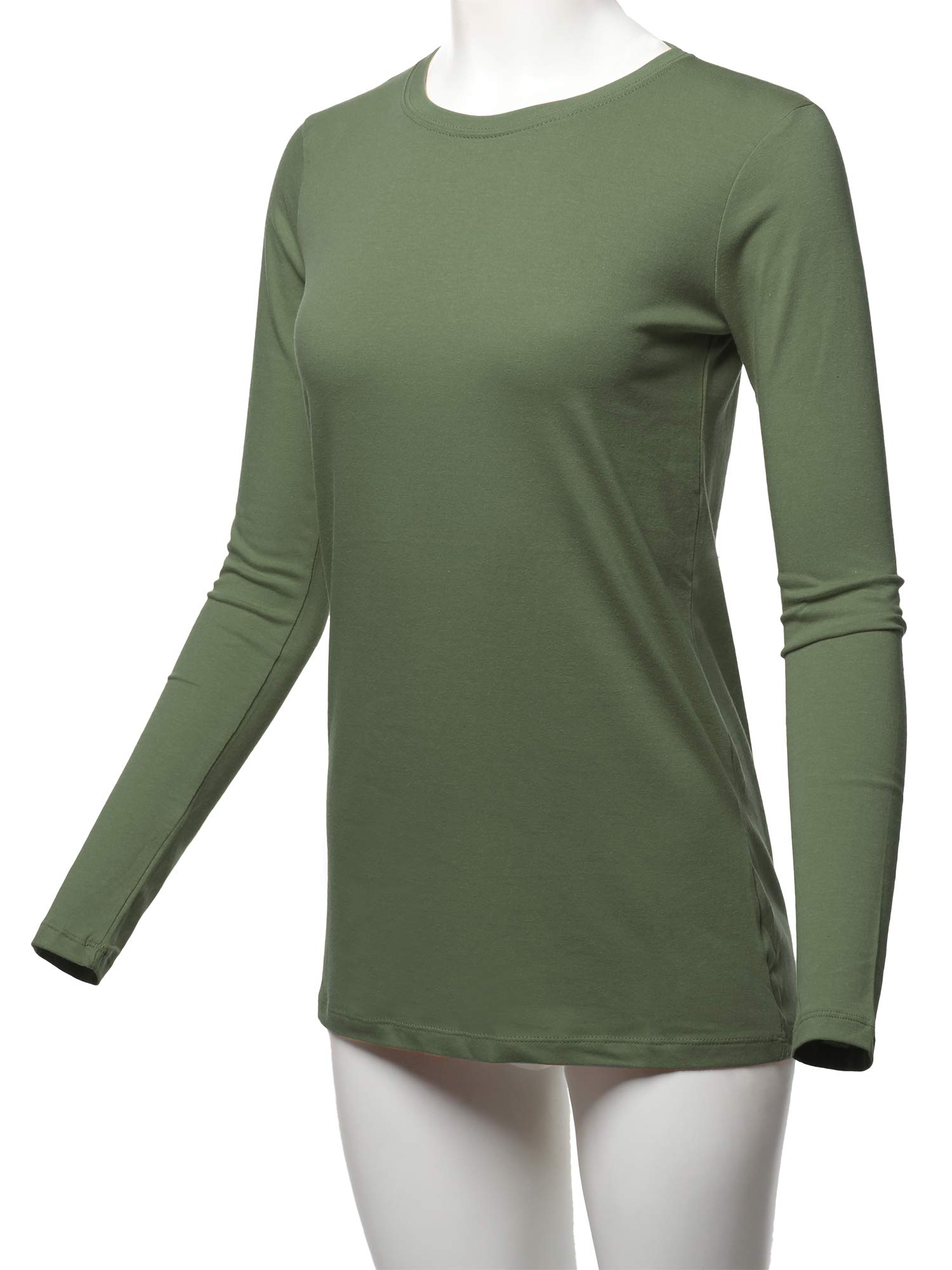 Basic Solid Soft Cotton Long Sleeve Crew Neck Top Shirts Dark Olive M