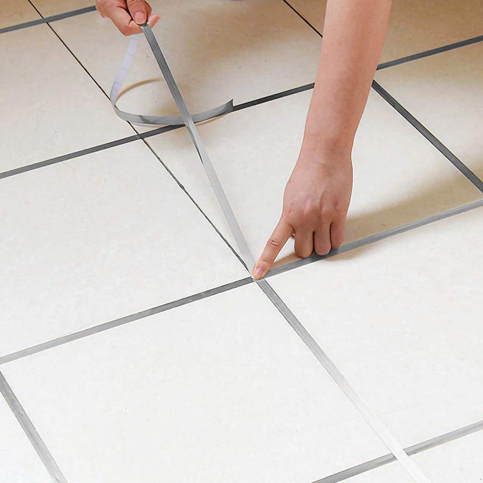 Eanpet 0.4 Inch x 166 Ft Tile Stickers Decorative Floor Wall Sticker Foil Line Peel and Stick Adhesive Waterproof Gap Cover for Kitchen Bathroom Living Room Bedroom (1pc Roll) Silver