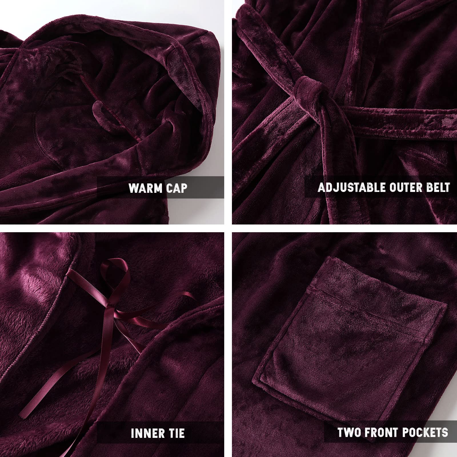 Hellomamma Long Hooded Robe for Women Luxurious Flannel Fleece Full Length Bathrobe Winter Warm Pajamas Shower Nightgown Wine Red X-Large