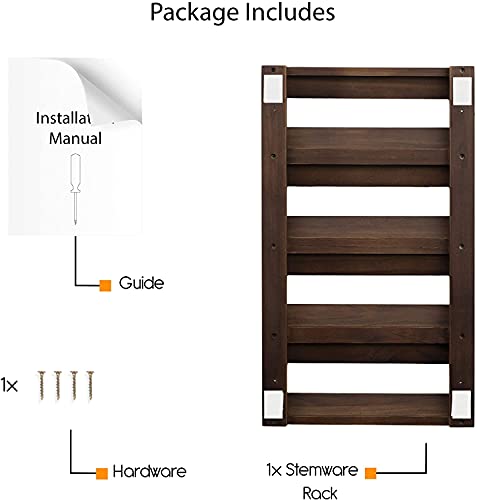 Rustic State Eze 4 Sectional Adjustable Wood Under Cabinet Wine Glass Holder Wine Glass Rack Hanging Shelf Stemware Bar Organizer - 12 Wine Glass Storage - 10 Inch Deep - Chestnut Stained