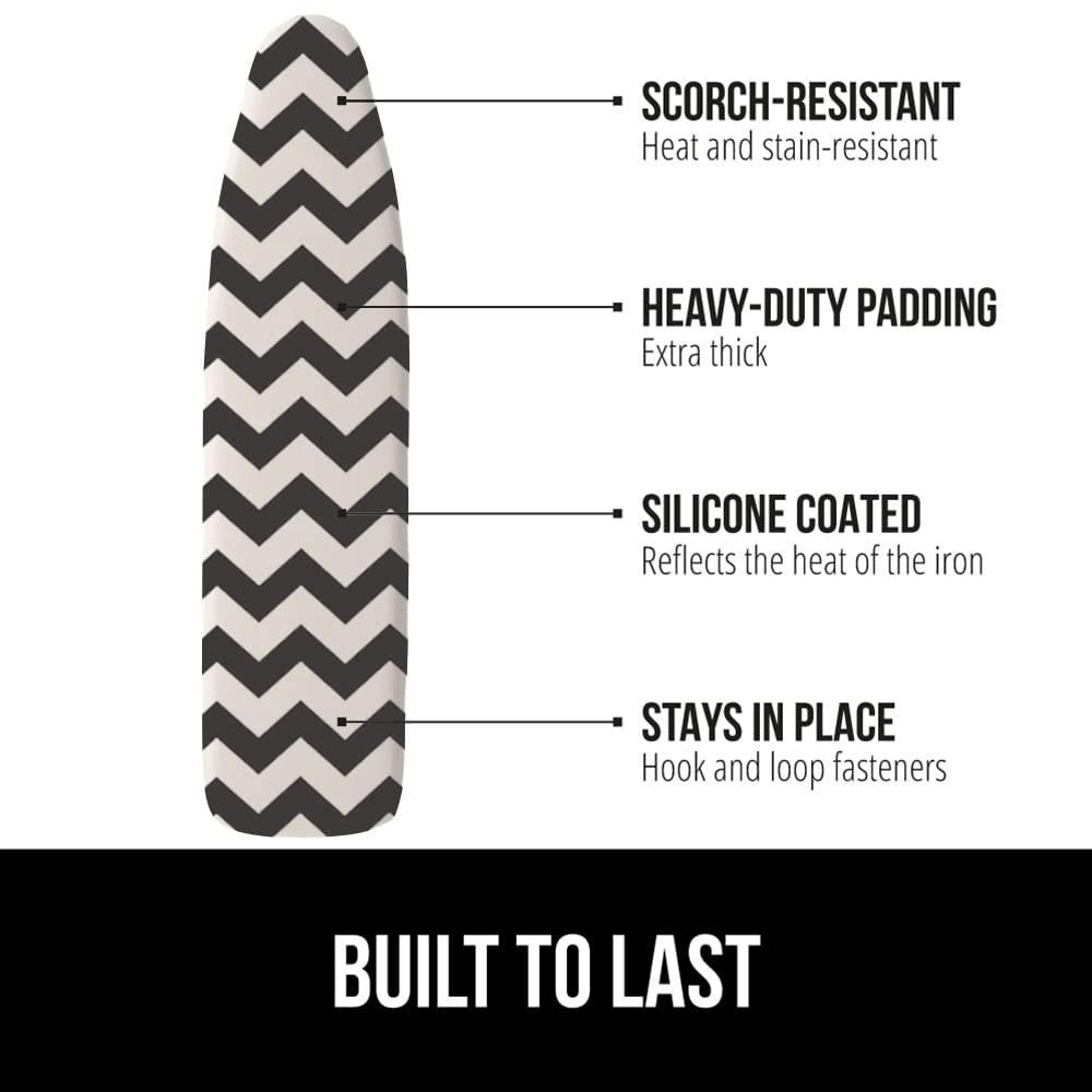 The Original GORILLA GRIP Ironing Board Cover, Silicone Coating, Full Size Scorch Resistant Padding, Elastic Edge, Iron Pad Covers Standard Boards, Hook and Loop Fastener Strap, Chevron Black Linen