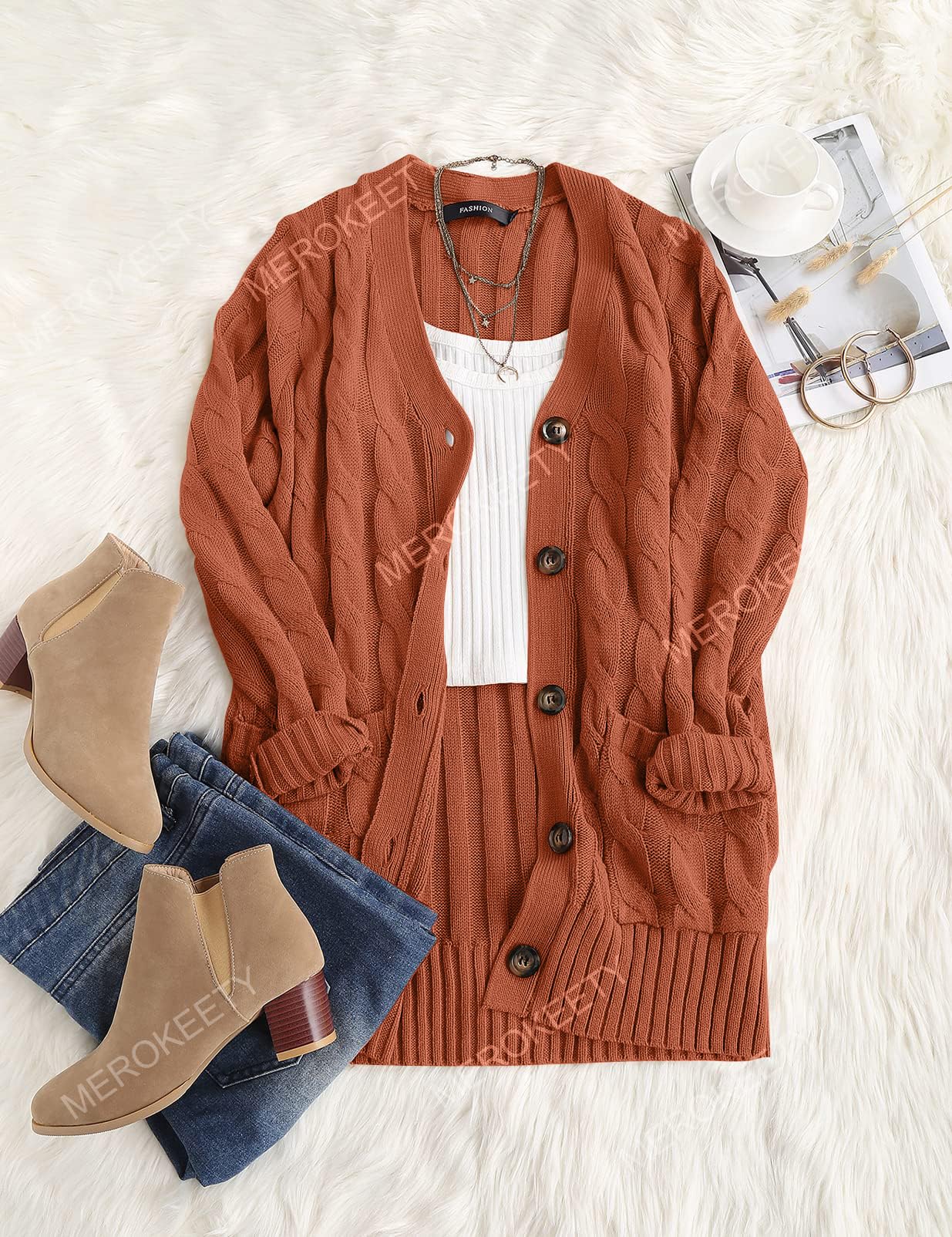 MEROKEETY Women's 2025 Fall Long Sleeve Cable Knit Sweater Open Front Cardigan Button Loose Outerwear Rust
