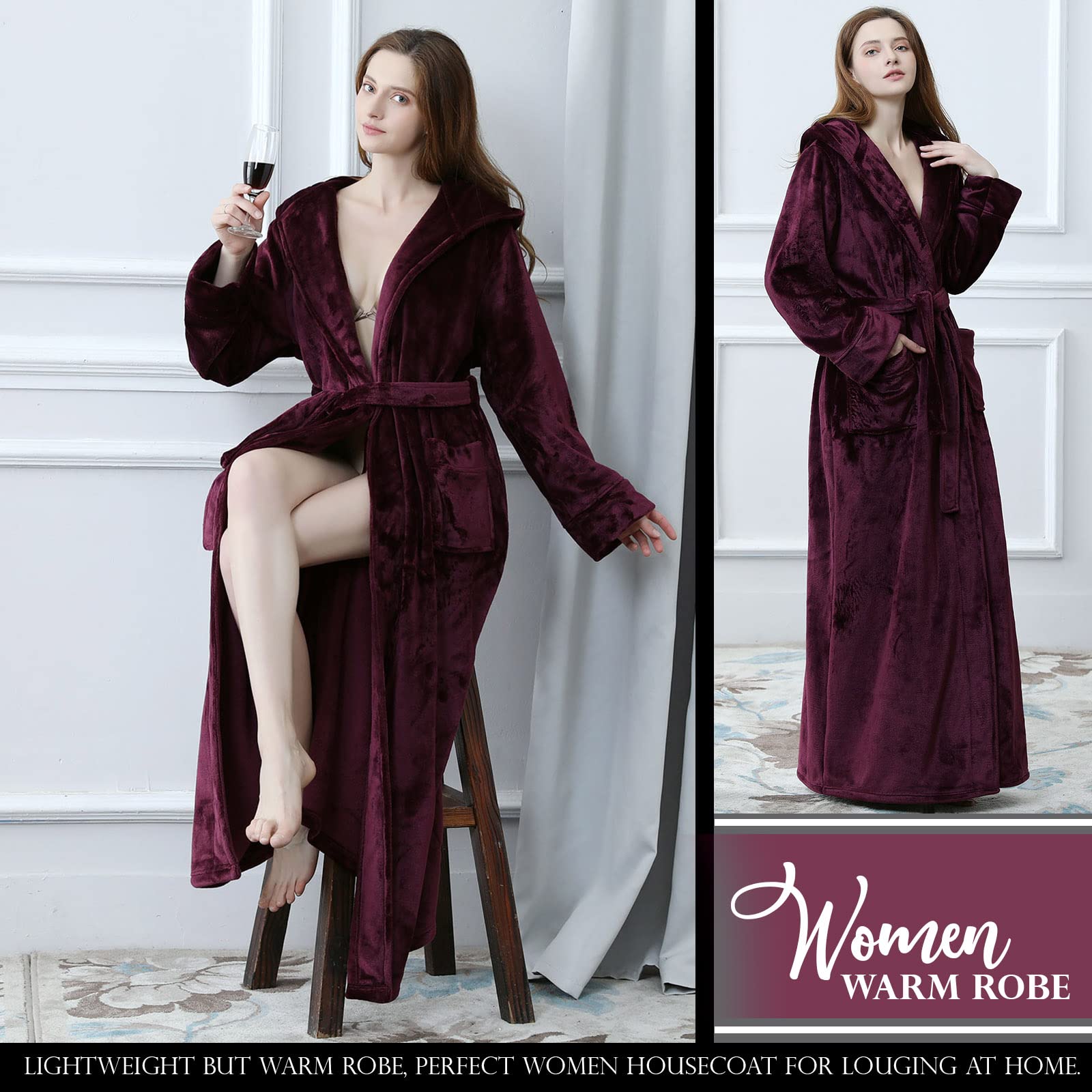 Hellomamma Long Hooded Robe for Women Luxurious Flannel Fleece Full Length Bathrobe Winter Warm Pajamas Shower Nightgown Wine Red X-Large