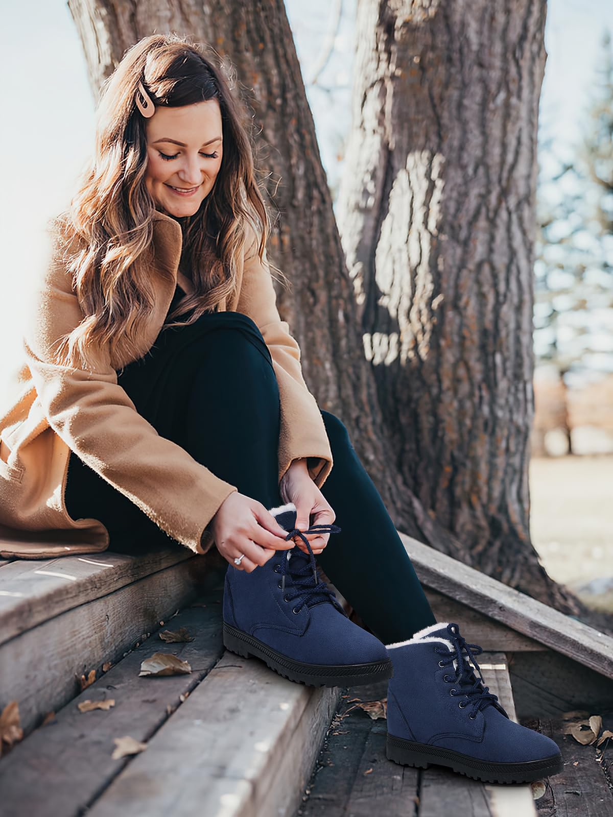 SHIBEVER Winter Snow Boots for Women: Dark Blue Warm Fur Lined Ankle Boots Comfortable Suede Lace Up Booties Cute Flat Shoes Size 10