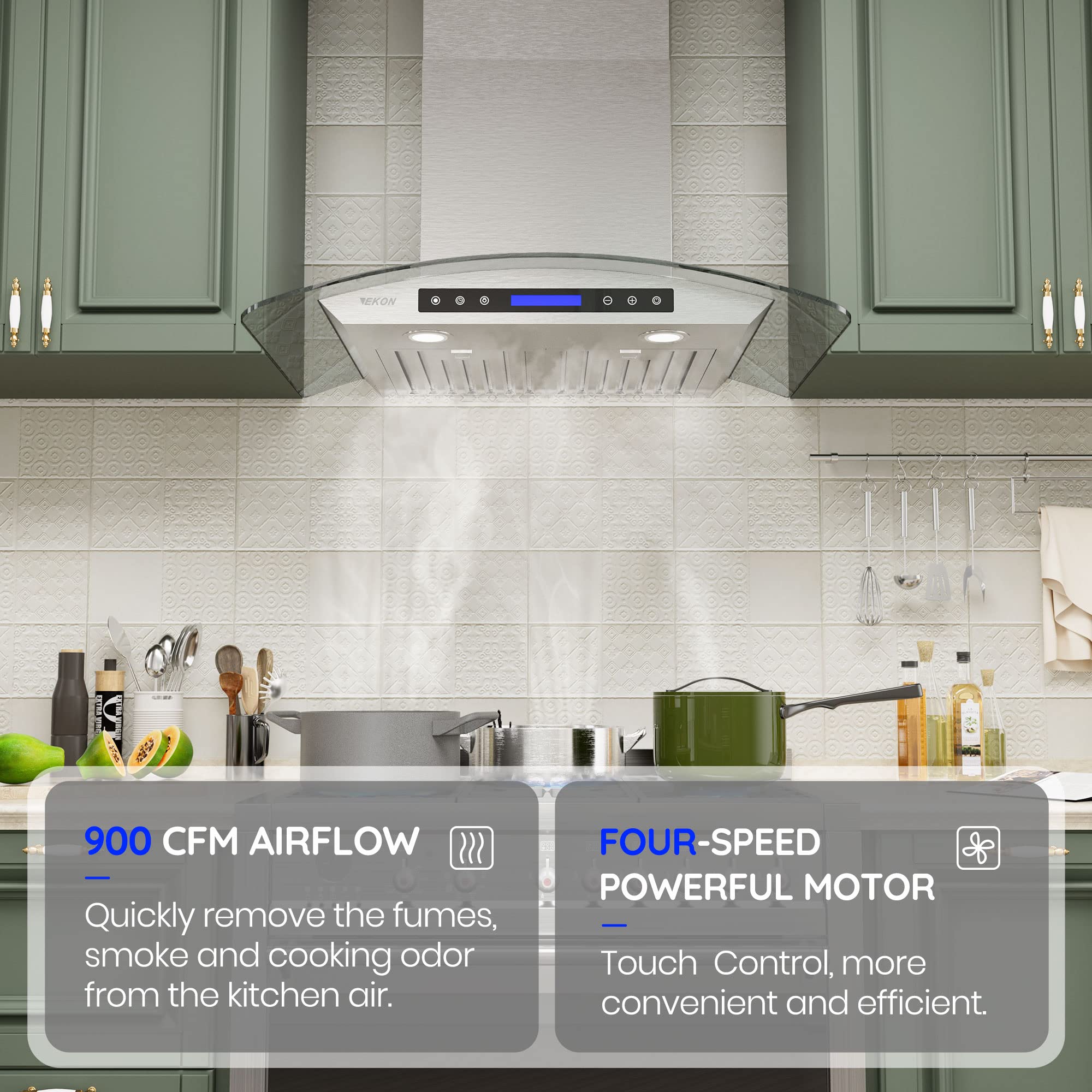EKON KITCHEN NAP03-30 inch Wall Mounted Stainless Steel & Curved Glass Kitchen Range Hood 900 CFM / 4 Speeds Touch Control With Remote & LCD Display / 2 Pcs 3W Led Lamp / 2 Pcs Baffle Filters