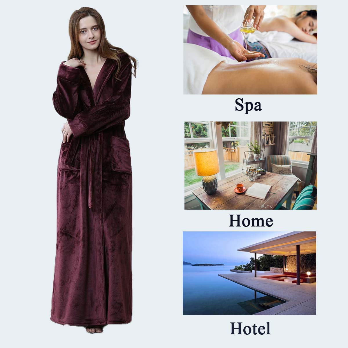 Hellomamma Long Hooded Robe for Women Luxurious Flannel Fleece Full Length Bathrobe Winter Warm Pajamas Shower Nightgown Wine Red X-Large