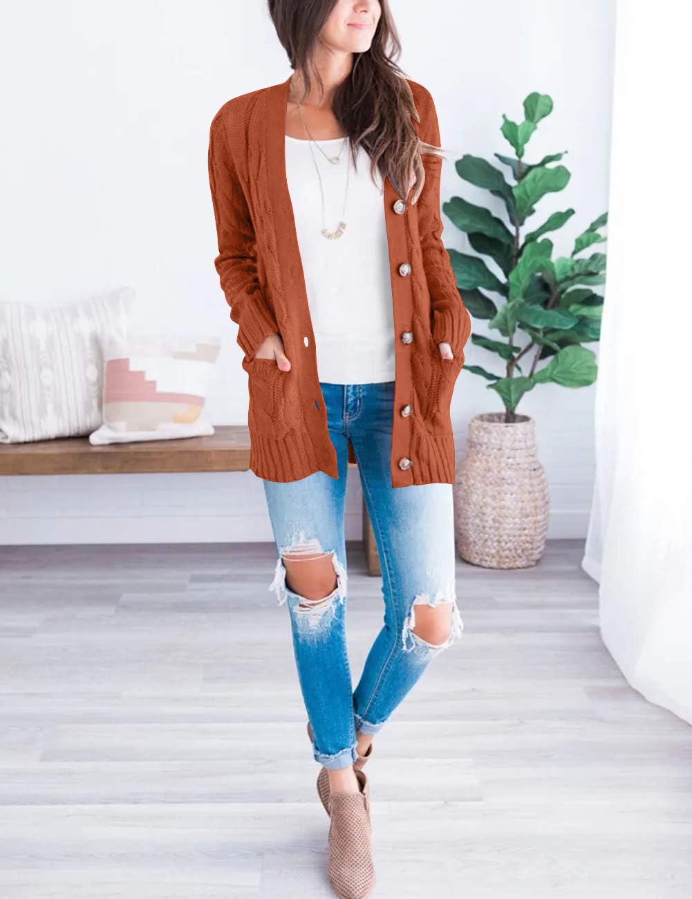 MEROKEETY Women's 2025 Fall Long Sleeve Cable Knit Sweater Open Front Cardigan Button Loose Outerwear Rust