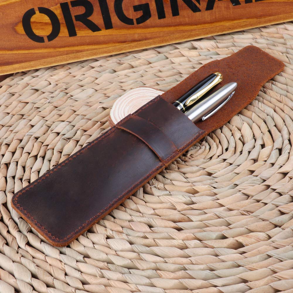 Daimay Leather Pen Case Holder Handmade Fountain Multi Pens Pouch Crazy Horse Leather Pen Protective Sleeve Cover β Brown