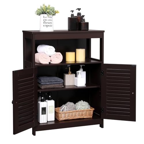 VASAGLE Bathroom Floor Cabinet, Freestanding Bathroom Storage Cabinet with Double Shutter Doors and Adjustable Shelf, for Living Room, Entryway, Kitchen, Brown UBBC40BR