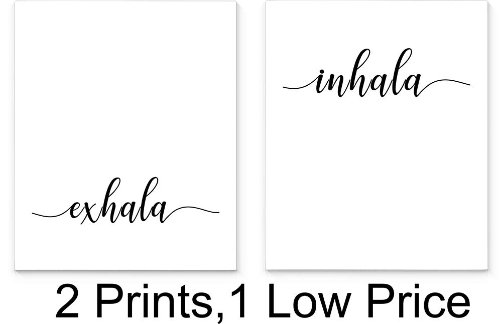 Inhala Exhala Wall Art, Set of 2 8 x10" Unframed Typogaphy Black on White Prints - Stunning Spanish Wall Décor for Bathroom