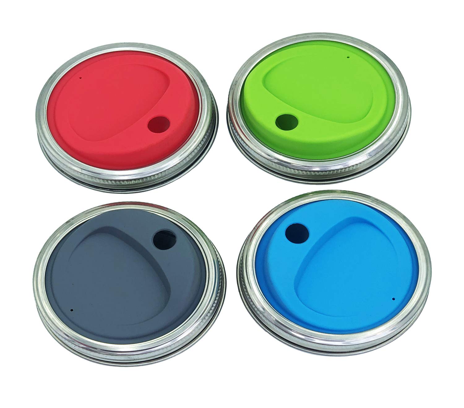 THINKCHANCES Reusable Food Grade and BPA Free Silicone Round Sip Coffee Juice Drinking Straw Lid Set with Stainless Steel Rings for Mason, Ball, Canning Jars, Pack of 4 Sets (Wide Mouth,Round Hole)