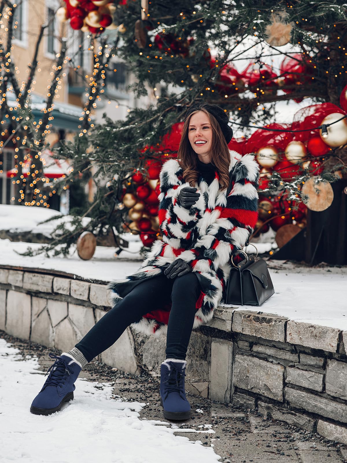 SHIBEVER Winter Snow Boots for Women: Dark Blue Warm Fur Lined Ankle Boots Comfortable Suede Lace Up Booties Cute Flat Shoes Size 10