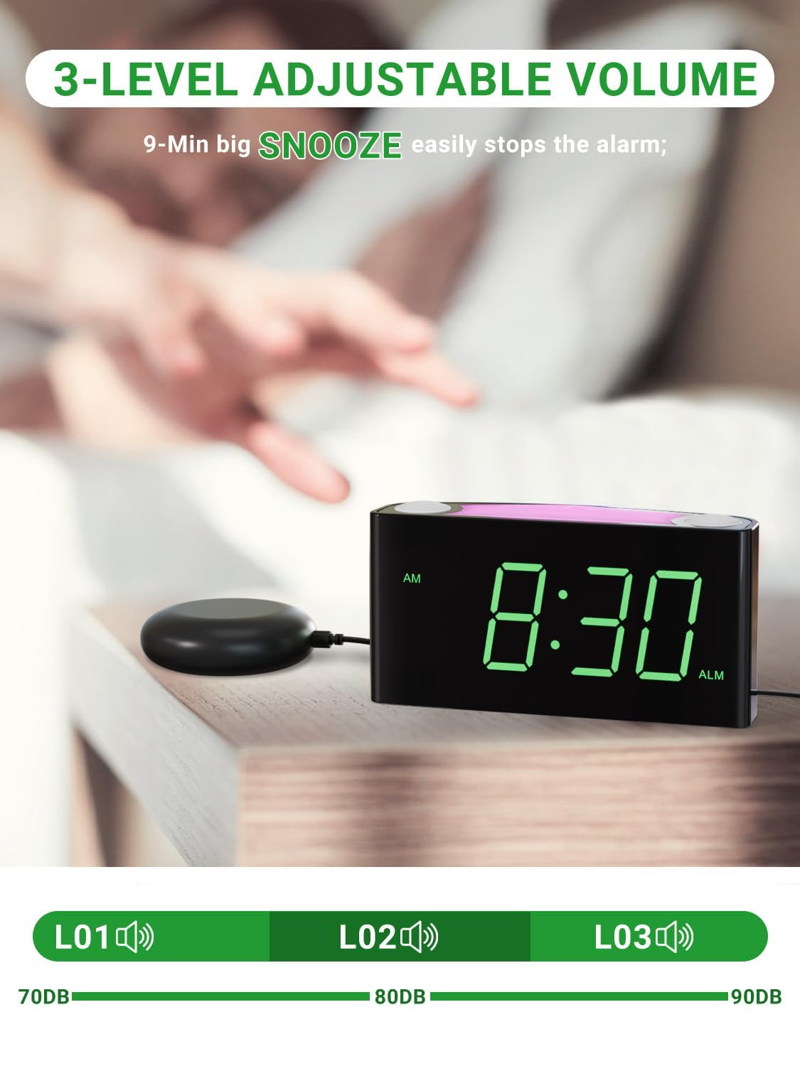 Extra Loud Vibrating Alarm Clock with Bed Shaker for Heavy Sleeper Deaf Hard of Hearing, Large LED Display Digital Clock for Bedroom,Dimmer,Night Light,USB Phone Charger,Battery Backup,Senior Teen Kid
