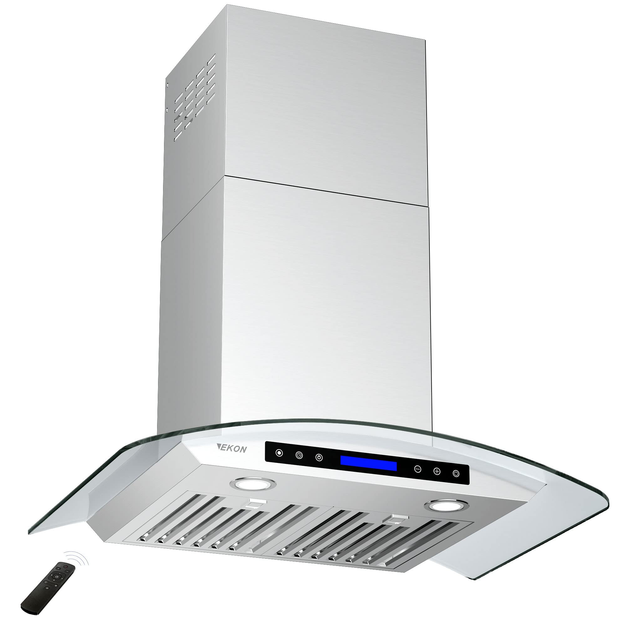 EKON KITCHEN NAP03-30 inch Wall Mounted Stainless Steel & Curved Glass Kitchen Range Hood 900 CFM / 4 Speeds Touch Control With Remote & LCD Display / 2 Pcs 3W Led Lamp / 2 Pcs Baffle Filters