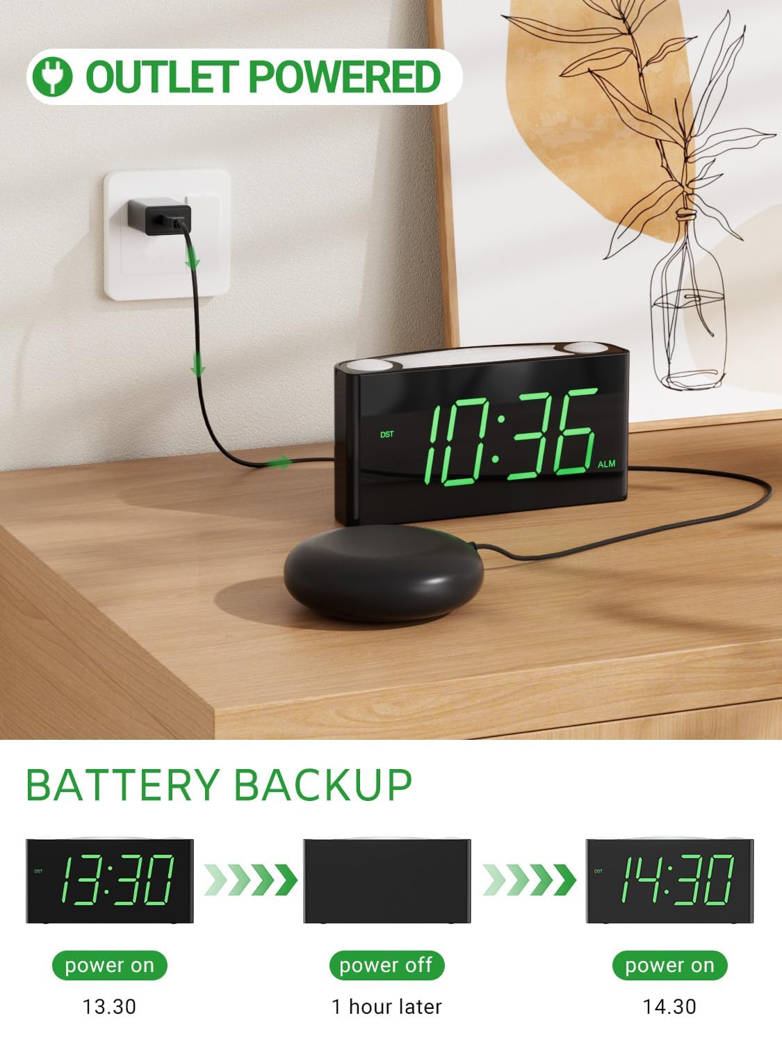 Extra Loud Vibrating Alarm Clock with Bed Shaker for Heavy Sleeper Deaf Hard of Hearing, Large LED Display Digital Clock for Bedroom,Dimmer,Night Light,USB Phone Charger,Battery Backup,Senior Teen Kid