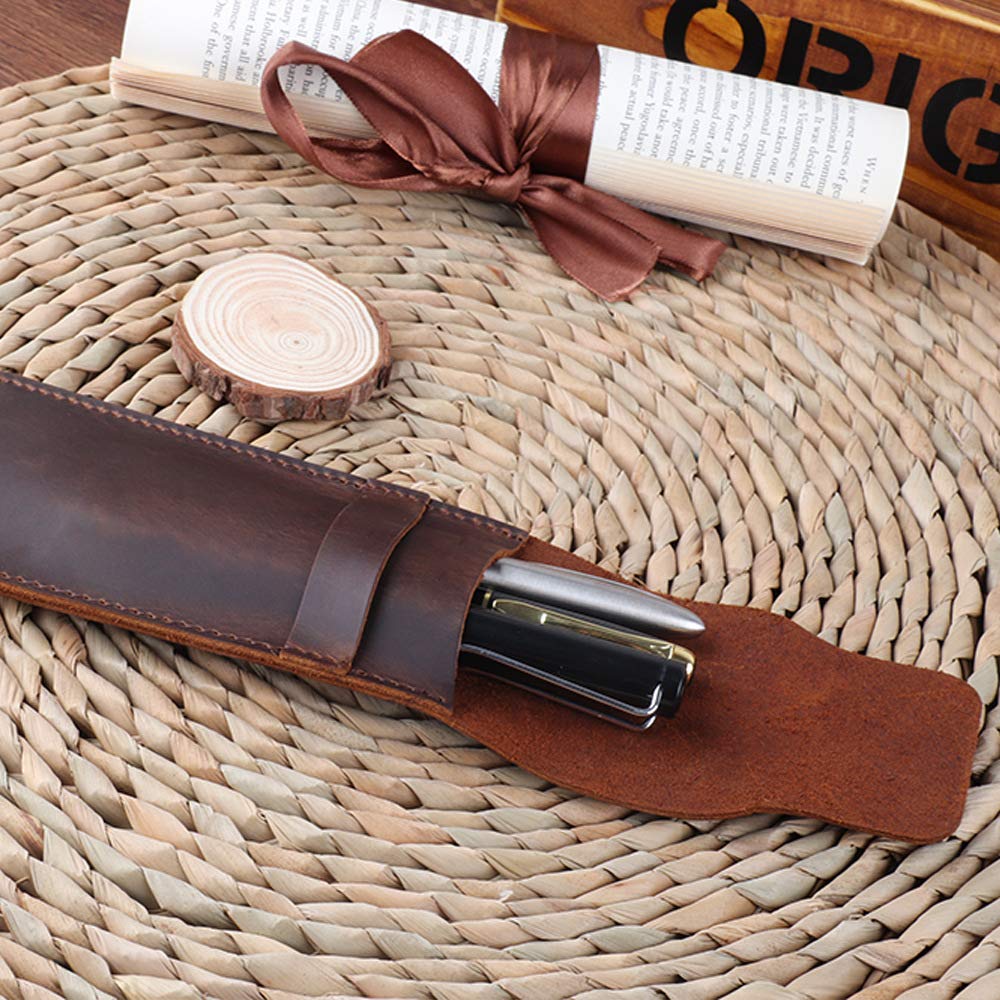Daimay Leather Pen Case Holder Handmade Fountain Multi Pens Pouch Crazy Horse Leather Pen Protective Sleeve Cover β Brown