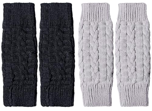 Loritta Womens Fingerless Gloves Winter Warm Knit Crochet Thumbhole Arm Warmers,B1- Black+light Gray(2 Pairs)