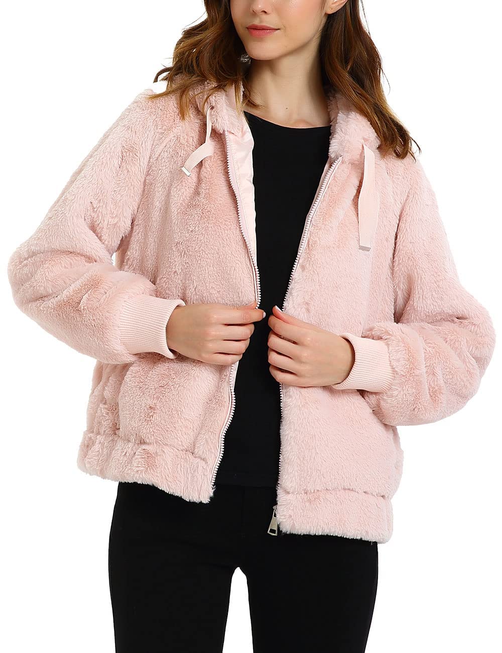 Bellivera Women Faux Fur Coat Spring Clothes Winter The Fluffy Fuzzy Short Shearling Jacket with Hood 1712014 Pink L