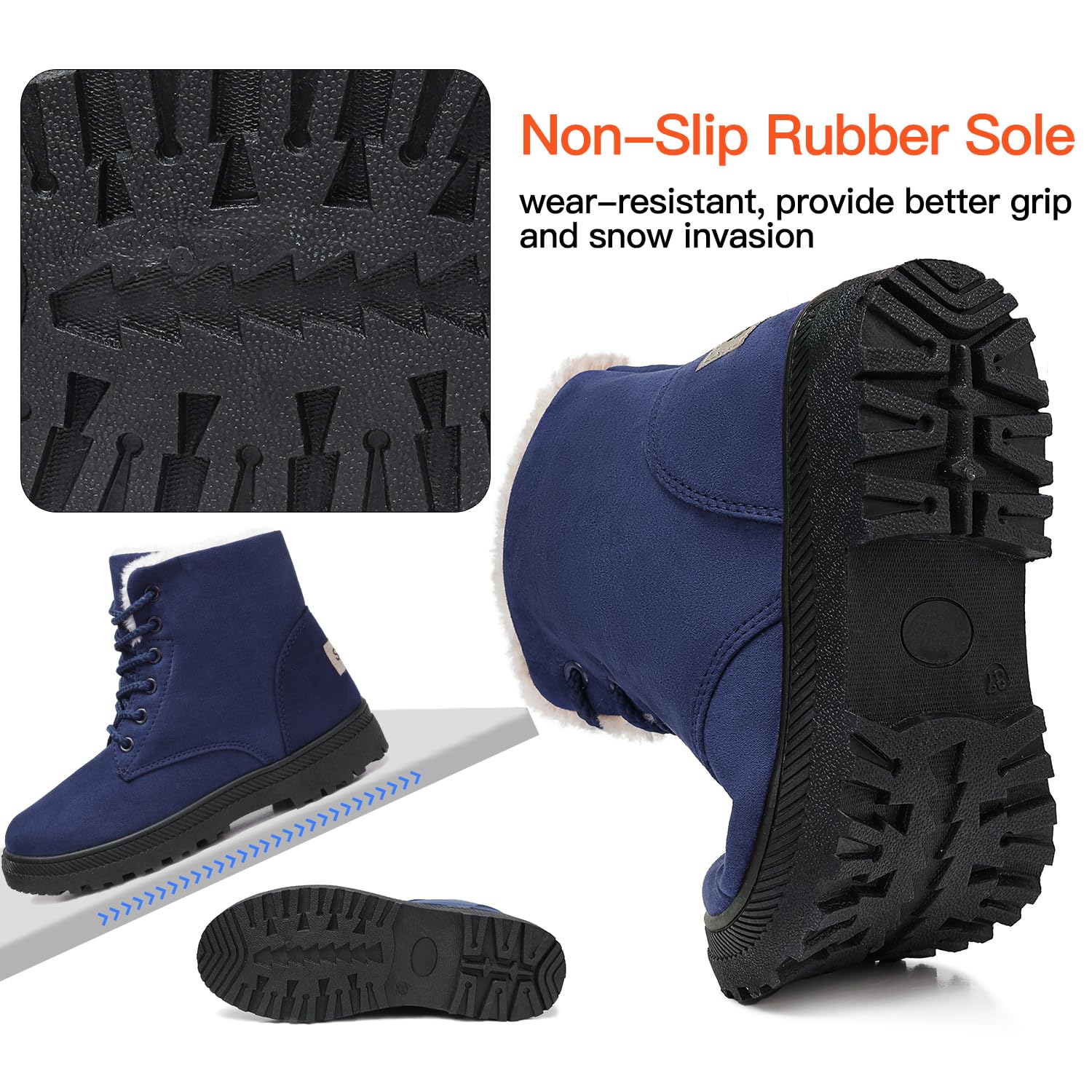SHIBEVER Winter Snow Boots for Women: Dark Blue Warm Fur Lined Ankle Boots Comfortable Suede Lace Up Booties Cute Flat Shoes Size 10