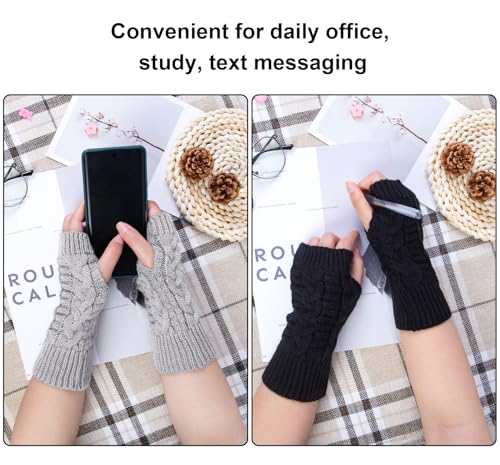 Loritta Womens Fingerless Gloves Winter Warm Knit Crochet Thumbhole Arm Warmers,B1- Black+light Gray(2 Pairs)