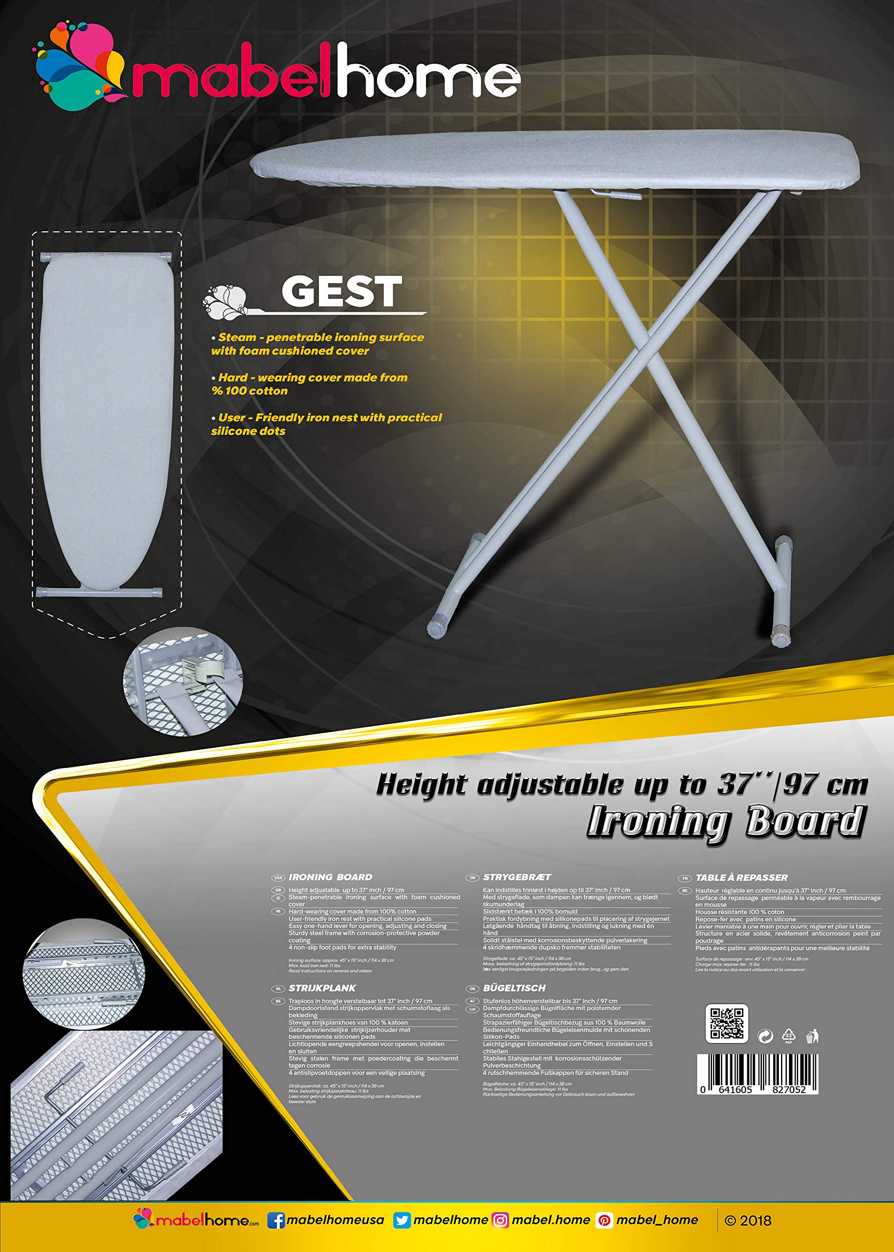 Mabel Home Ironing Board, Made in Europe by Mabel Home, Adjustable Height, Extra Thick Heavy Duty Padded Cover, Extra Cover Included (3 Different Models & Sizes) (Ergo (45" x 15"))