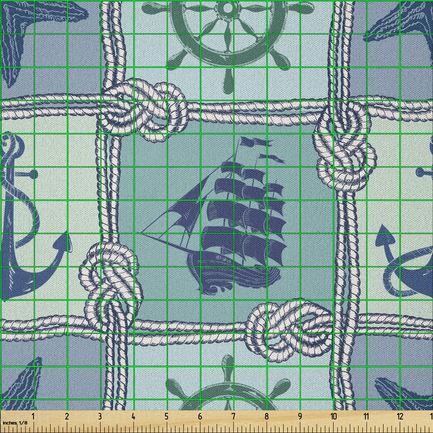 Lunarable Ship Fabric by The Yard, Nautical Themed Art Marine Starfish Wheel Anchor and Vessel Sailor's Knot, Microfiber Fabric for Arts and Crafts Textiles & Decor, 1 Yard, Teal Blue