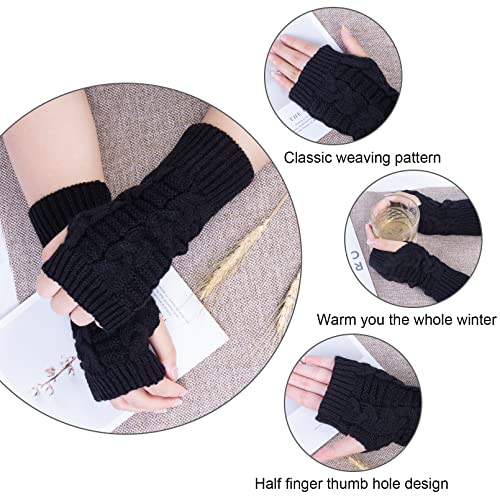 Loritta Womens Fingerless Gloves Winter Warm Knit Crochet Thumbhole Arm Warmers,B1- Black+light Gray(2 Pairs)