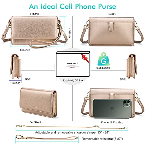 nuoku Women Small Crossbody Bag Cellphone Purse Wallet with RFID Card Slots 2 Strap Wristlet(Max 6.5'')(Gold)