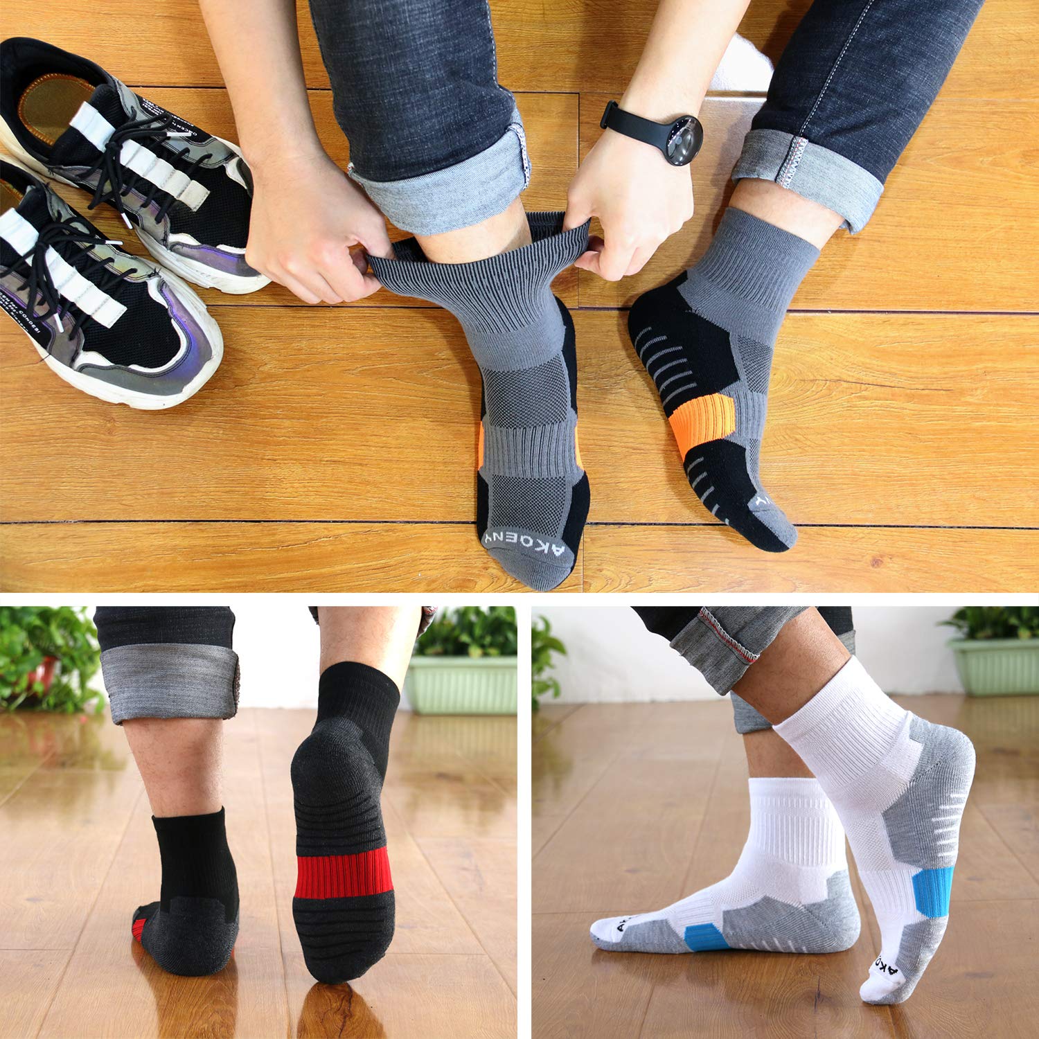 AKOENY Men's Athletic Ankle Socks Running Cushoned Quarter Socks Men, Size 9-12, Black, 6 Pairs